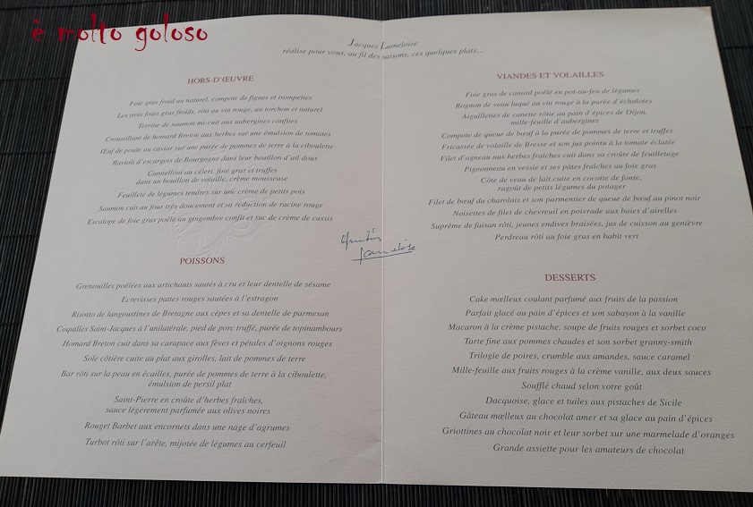 Carte restaurant Lameloise Jacques à Chagny (3 étoiles). – è molto goloso