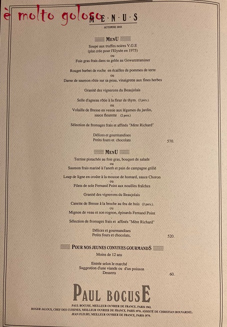 Carte et menu Automne 1988 – restaurant Paul Bocuse à Collonges au Mont ...