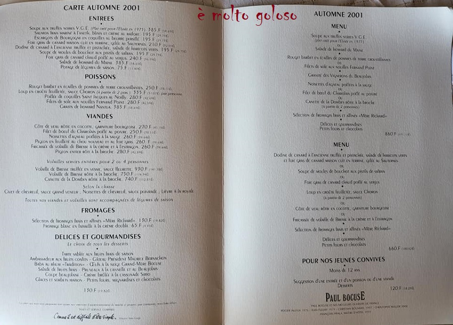 Carte et Menus Automne 2001 – Restaurant Paul Bocuse Collonges au Mont ...