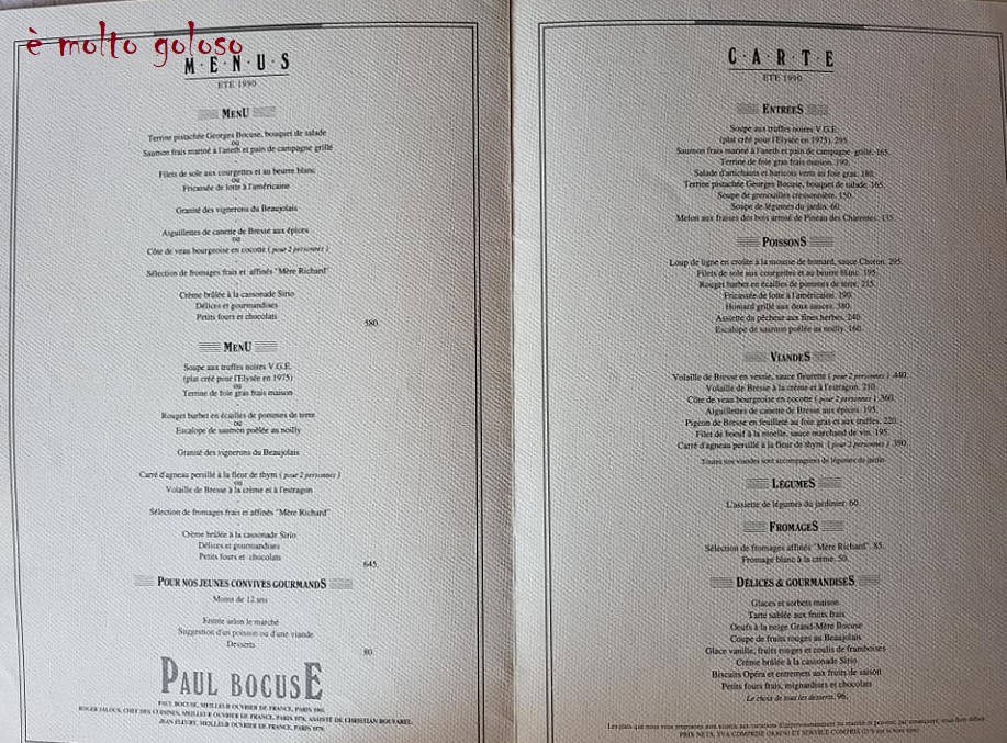 Carte et Menu Été 1990 – restaurant Paul Bocuse à Collonges au Mont d ...