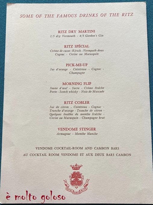 Carte Spécialités du Ritz Hôtel et Cocktails. – è molto goloso