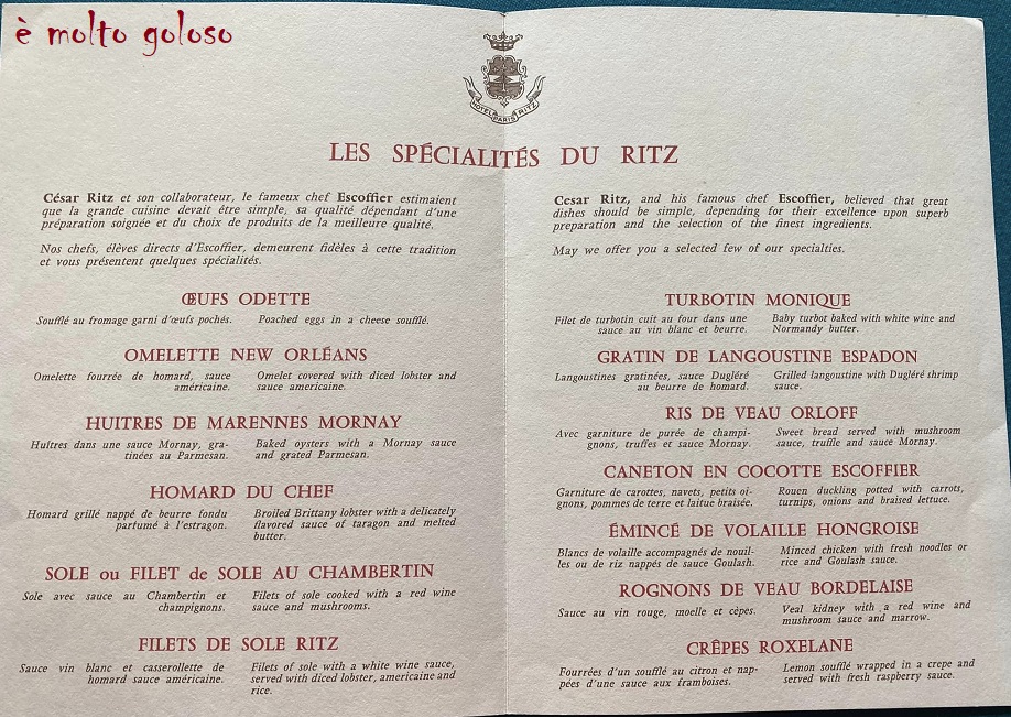 Carte Spécialités du Ritz Hôtel et Cocktails. – è molto goloso