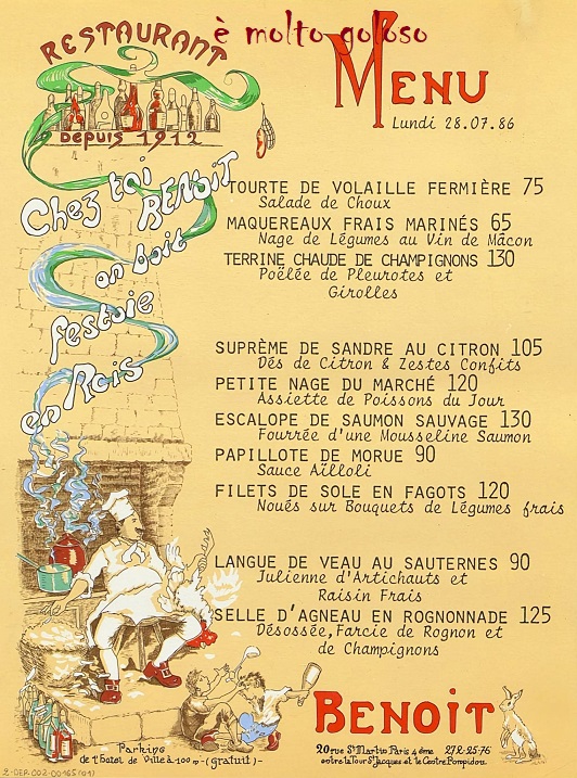 Restaurant Benoit du 28 juillet 1986 – Paris 4ème. – è molto goloso