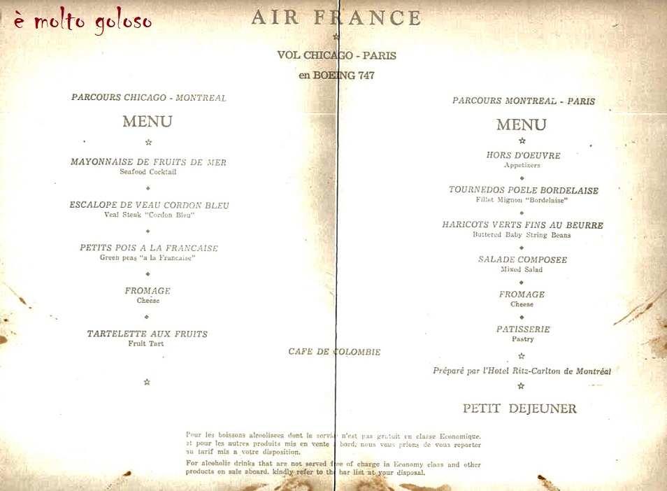Menus Vol Chicago – Montréal – Paris (Boeing 747) – Air France. – è ...